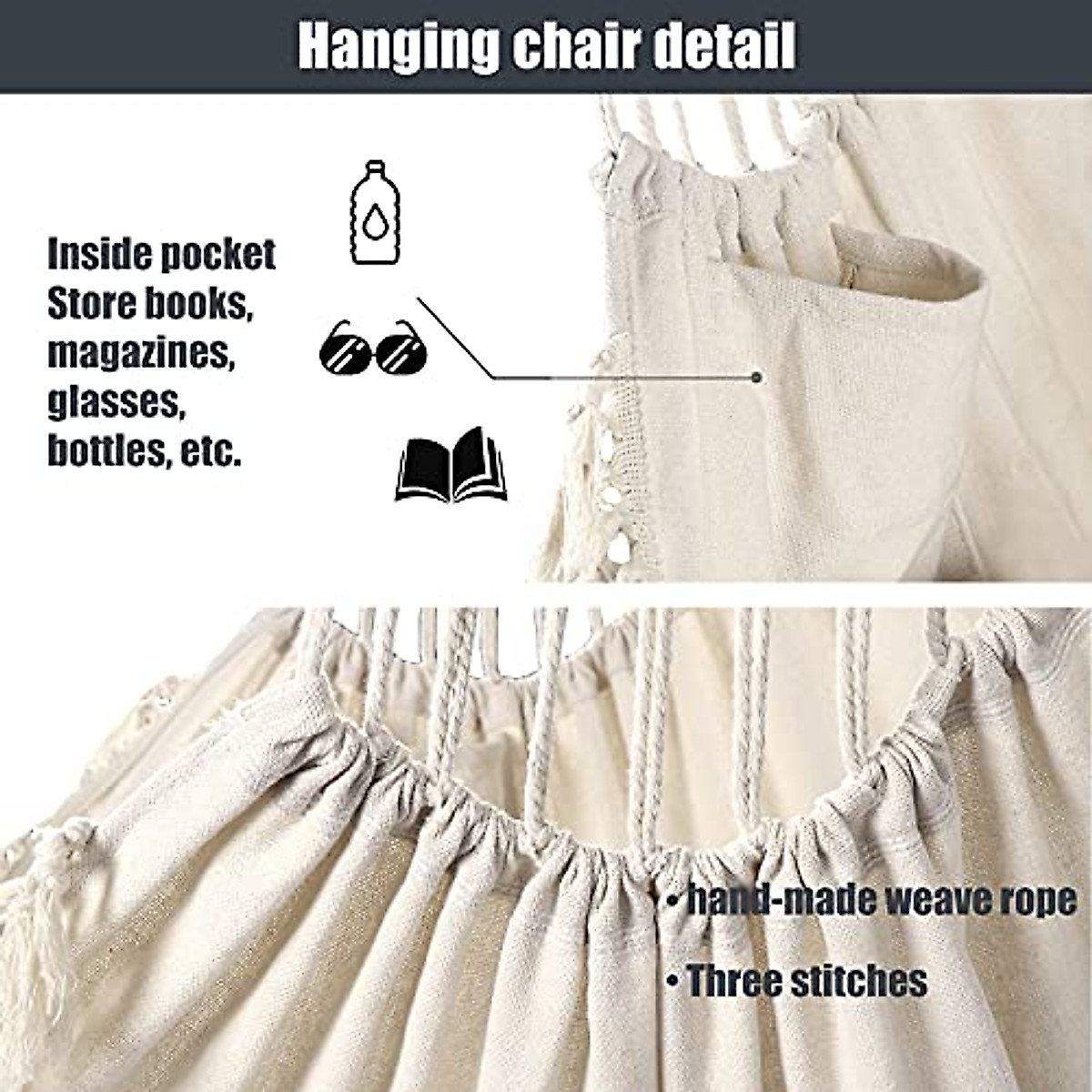 Chihee Hammock Chair Large Hanging Chair Soft Seat with Strong Straps and Hook Hanging Rope Swing Bear up to 330 lbs Stainless Steel Spreader Bar with Anti-Slip Rings Indoor Outdoor Home Garden Patio