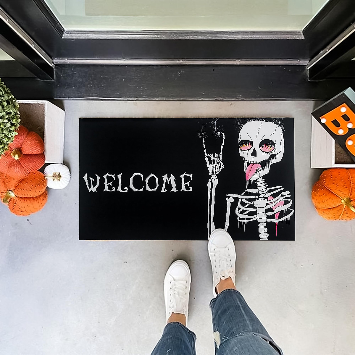 FramePro Halloween Rugs Door Mat Funny Skull Decor Welcome Mat Non Slip Indoor Outdoor Skull Rug Halloween Party Decor 17" X30"