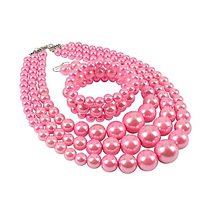 KOSMOS-LI Large Pearl Jewelry Set 3 Layer Simulated Pink Pearl Women's Statement 18" Necklace Bracelet and Earrings