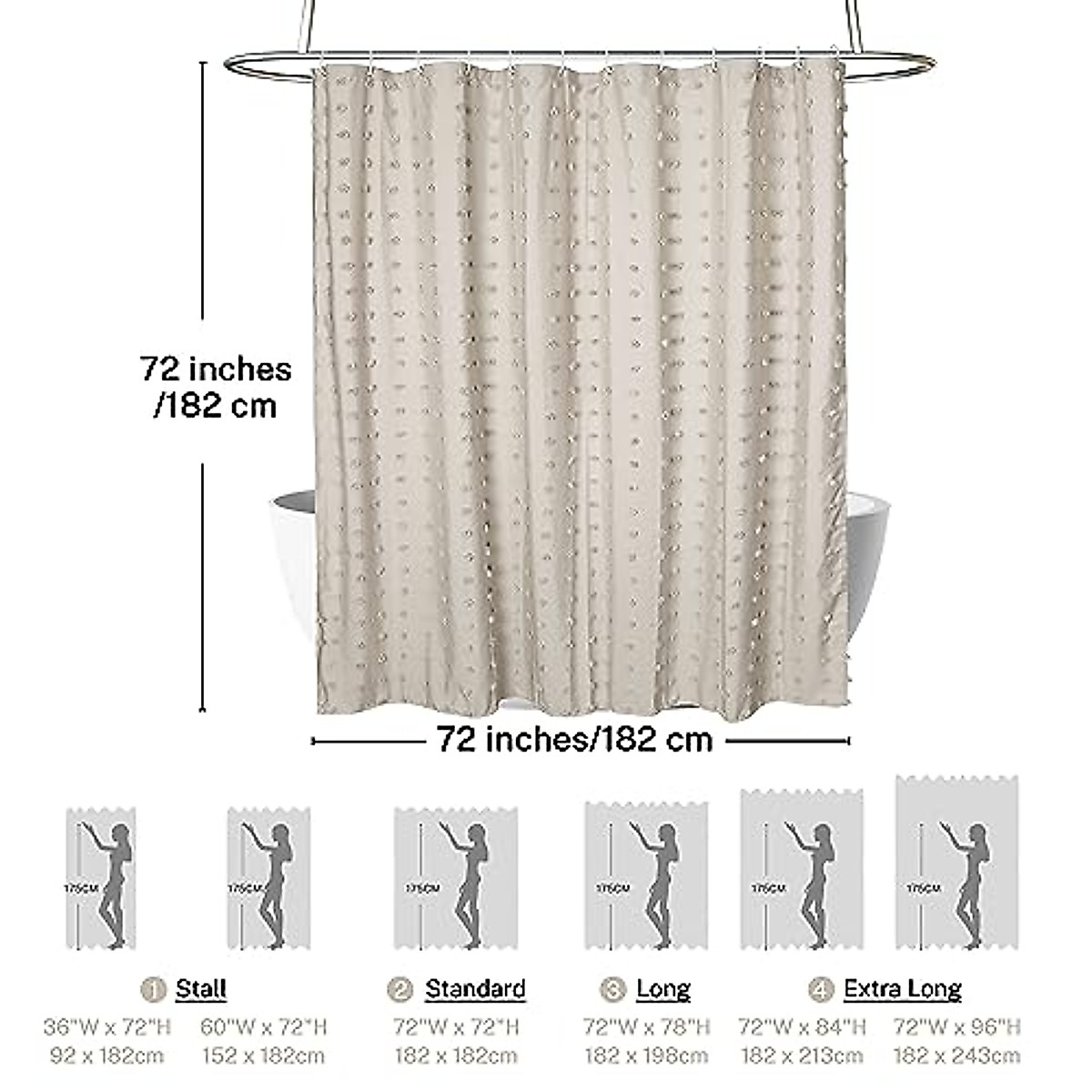 Boho Farmhouse Beige/Cream Shower Curtain Woven Fabric Cute Shower Curtain, 72 x 72 Tufted Pleat Floral Puffs Textured Modern Farmhouse Minimalist Shower Curtain Set with Hooks for Bathroom
