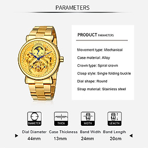 Tiong Mens Skeleton Automatic Mechanical Watch Golden Vintage Moon Phase Steel Male Wristwatch