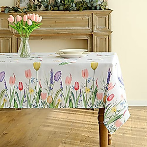 GEEORY Spring Easter Floral Tablecloth Rectangle 60X84 Inch Yellow Tulip Summer Decor Indoor Outdoor Seasonal Table Cover for Home Kitchen Dining Table ATC005