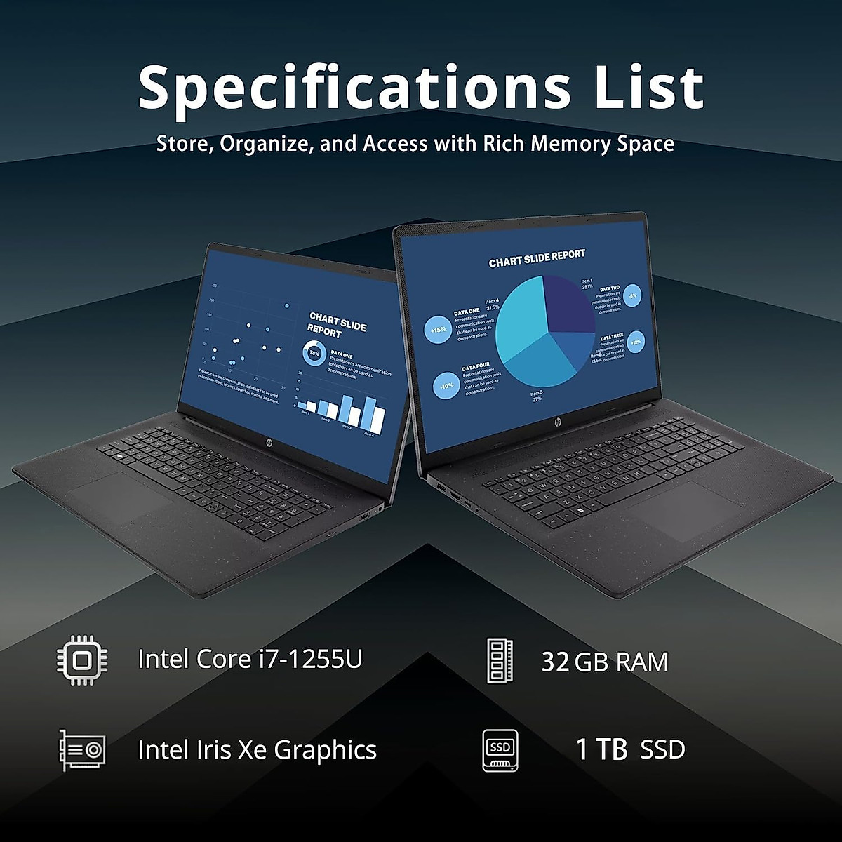 HP Laptop, 17.3 Inch FHD Business Laptop, Intel Core i7-1255U, 32GB RAM, 1TB SSD, Windows 11 Pro, Numeric Keypad, HDMI, Black, PCM