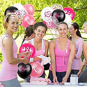 Grehge ces Pink Ribbon Latex Balloons Breast Cancer Awareness Balloons Transparent Confetti Glitter Balloons Set Printed Balloons with Ribbons for Charity Fundraiser Party Supplies, 8 Designs