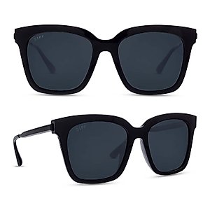DIFF Bella Designer Oversized Square Sunglasses for Women UV400 Polarized Protection w/giftable travel case, Black + Grey