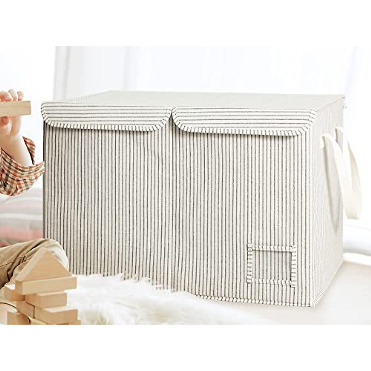 StorageWorks Storage Bin with Flip-Top Lids, Collapsible Storage Box, Gray and White Stripes, 24 ¾"L x 13" W x 16" H
