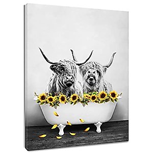 ECOTOB Highland Cow Wall Art Western Animal with Farmhouse Yellow Floral Sunflower Canvas Wall Art Abstract Painting Grey Bull Pictures for Bathroom Bedroom Living Room Framed Ready to Hang, 12x16