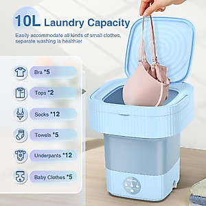 Portable Washing Machine, 10L Mini Washing Machine for Camping, 3 Modes Foldable Mini Washer Deep Cleaning Baby Clothes Underwears Socks Towels for RV Travel Dorm Apartment Laundry