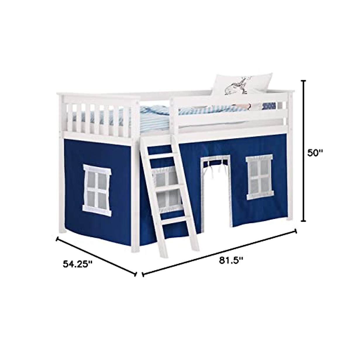 Max & Lily Low Loft Bed, Twin Bed Frame For Kids With Curtains For Bottom, White/Blue