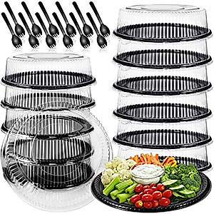 Tessco 12 Pack 16 Inch Heavy Duty Serving Tray with Clear Lid and Sporks, Large Plastic Tray with Elegant Platter Round Black Disposable for Fruit Sandwich Party Takeout Food Catering Picnic
