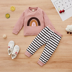 Thorn Tree Newborn Baby Girls Clothes Cotton Suit Cute Baby Kid Infant Toddler Play Wear Fall Winter Rainbow Outfits (Pink Rainbow & Strip Pants, 9-12 Months)
