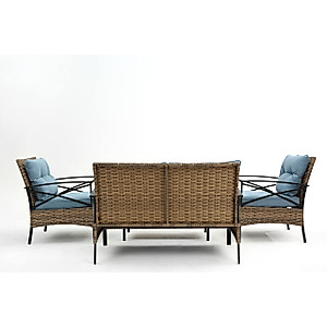 Hlcodca Outdoor Patio Furniture Sectional Sofa Set,4-Piece Rattan Wicker Dining Conversation Patio Set with Cushion & Table for Porch Yard Pool or Backyard (Blue/Garden@)