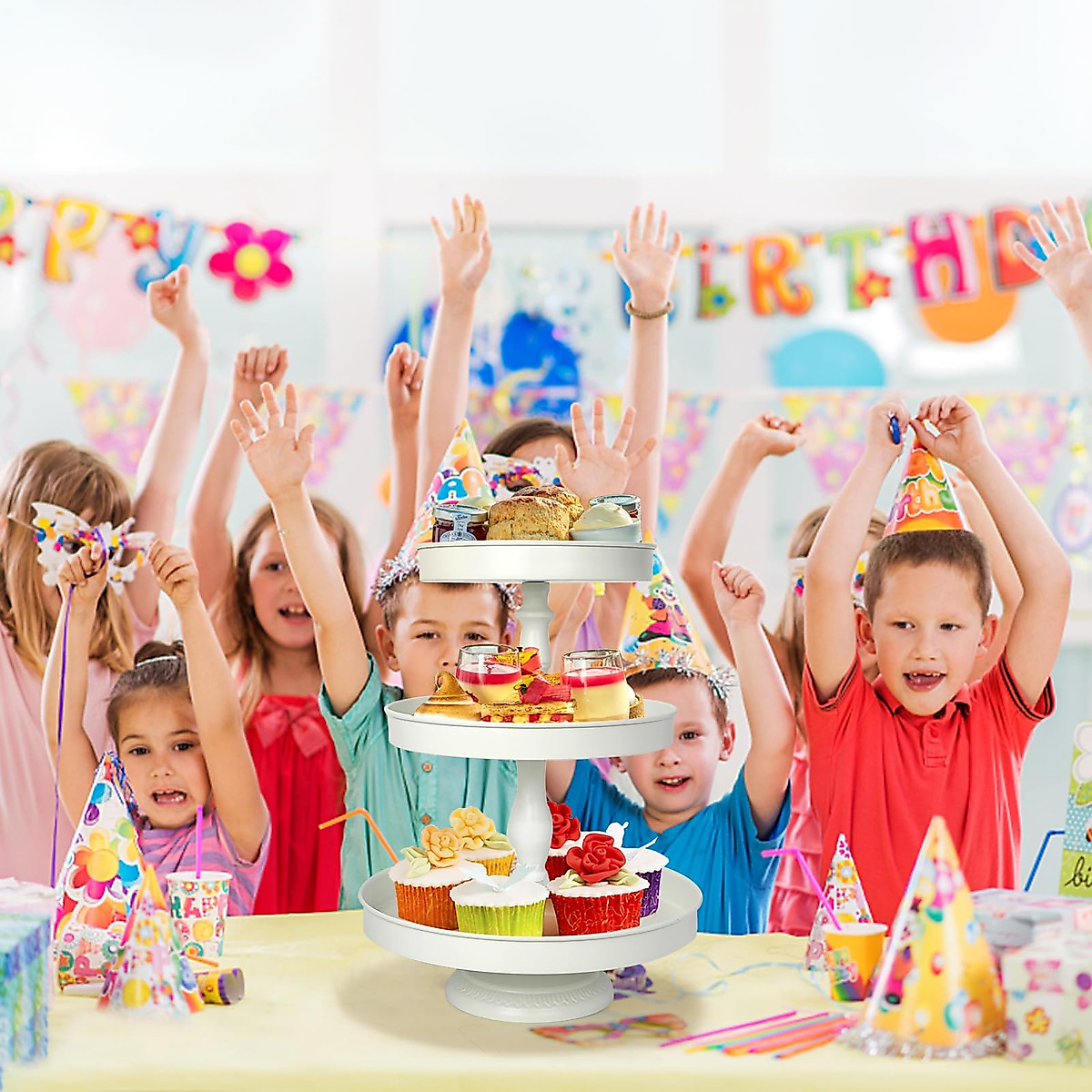 3 Tier White Cupcake Holder Farmhouse Tiered Tray Stand Serving Platter Rustic Cake Dessert Display Can Holds 50 Cupcakes for Parties and Events