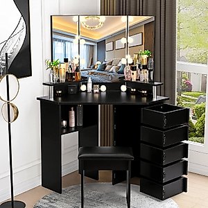 VOWNER Vanity with Lights - Vanity Desk with 3 Color Lighting Options, Brightness Adjustable, Vanity Table with 5 Rotating Drawers, Shelves and Stool, Corner Vanity for Women Girls, Black 43"