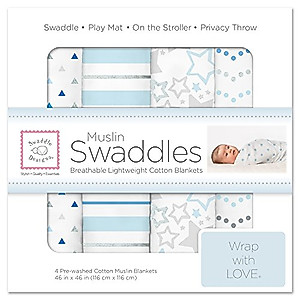SwaddleDesigns Cotton Muslin Swaddle Blankets, Set of 4, Receiving Blankets for Baby Boys & Girls, Best Shower Gift, 46x46 inches, Blue Starshine & Dots