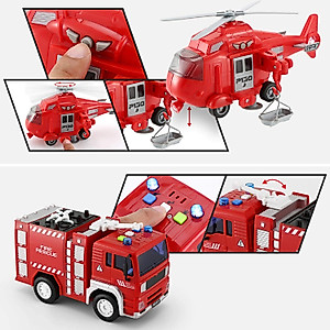 KeepRunning 4 Pack Friction Powered City Fire Rescue Vehicle Truck Car Set Including Helicopter, Boom Lift Truck,Ladder Fire Truck, and Fire Engine, with Light and Sounds/Sirens