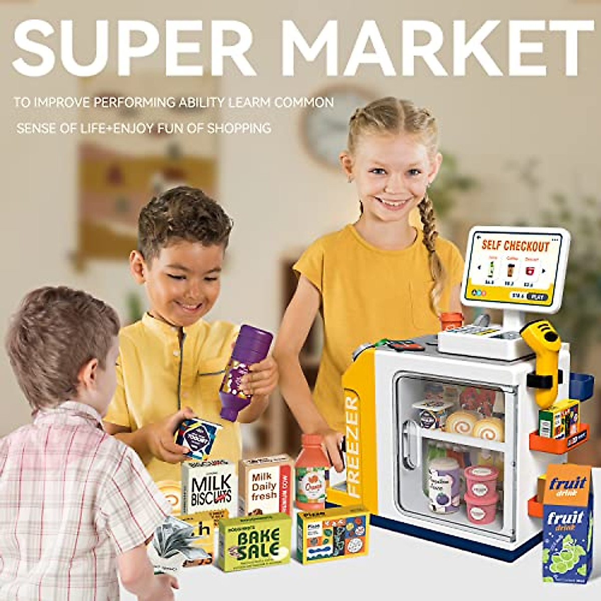 Cash Register Playset for Kids - 48PCS Pretend Play Money, Calculator, Scanner, Credit Card and Play Food for Boys and Girls Ages 3+ (668-125)