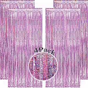 4 Pack Pink Tinsel Curtain Metallic-12.8x8.2 Feet, Slmeno Glitter Pink Fringe Curtain, Pink Party Curtain, Pink Tinsel Backdrop, Pink Streamer Backdrop, Pink Foil Fringe Curtain, Pink Glitter Backdrop