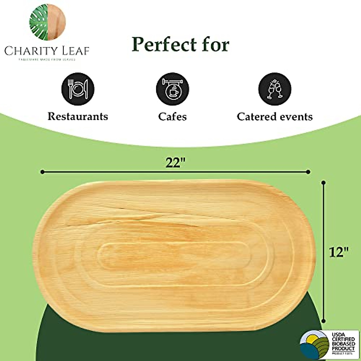 Charity Leaf Disposable Palm Leaf 22" x 12" Trays (10 pieces) Bamboo Like Serving Platters, Disposable Boards, Eco-Friendly Dinnerware For Weddings, Catering, Events