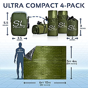 SLFORCE Emergency Blankets for Survival, 4 Pack of Gigantic Space Blanket. Comes with Four Extra-Large Mylar Blankets, Compass, and Zipper Bag. The Best Thermal Space Blankets (4, Green, Extra Large)