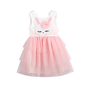 Kids Toddler Baby Girl Easter Outfits Bunny Sleeveless Dress Lace Tutu Skirt One Piece Mesh Summer Princess Sundress (Pink, 1-2T)