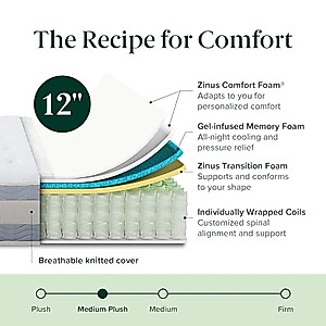 ZINUS 12 Inch Cooling Comfort Support Hybrid Mattress [New Version], Queen, Fiberglass Free, Medium Plush, Cooling Motion Isolation, Certified Safe Foams & Fabric, Mattress in A Box