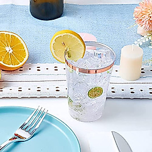 JOLLY CHEF 100 Pack Rose Gold Plastic Cups, 12 oz Clear Plastic Cups Tumblers, Elegant Rose Gold Rim Disposable Plastic Cups Perfect for Party Wedding