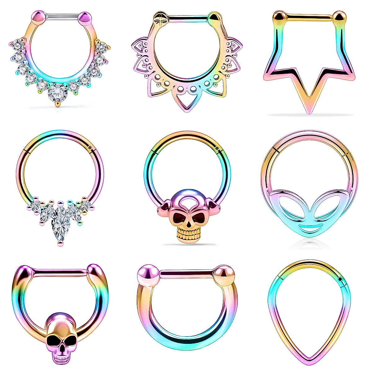 Vsnnsns 16G Septum Rings Piercing Jewelry Skull Septum Jewelry CZ Clicker Ring Stainless Steel Septum Hinged Segment Nose Rings Hoop Piercing Jewelry for Men Women 10mm Rainbow 9pcs