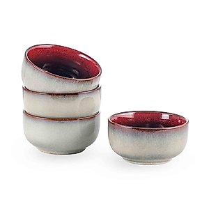 Henten Home Ceramic Small Bowl Set of 4, 8 oz Porcelain Bowls for Snack, Rice, Soup, Noodle, Serving Stoneware Bowls, Reactive Glaze, Microwave & Dishwasher Safe (Red)