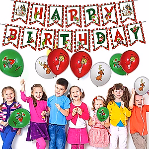 Grinch Christmas Birthday Decorations,Happy Birthday Banner,Holiday Cake Decoration,Grinch Cupcake Toppers,The-Grinch Christmas Balloons for Party,Christmas Theme Party Supplies,Winter Festival Feast Decorations