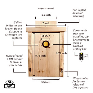 Sparrow Birdhouse Trap 1.5" Bird Hole w/Trap Door | Highly Effective & Easy to Use | Catch and Release Problem Sparrows Small Woodpeckers Wrens & Small Little Annoying Grey Brown Birds Species