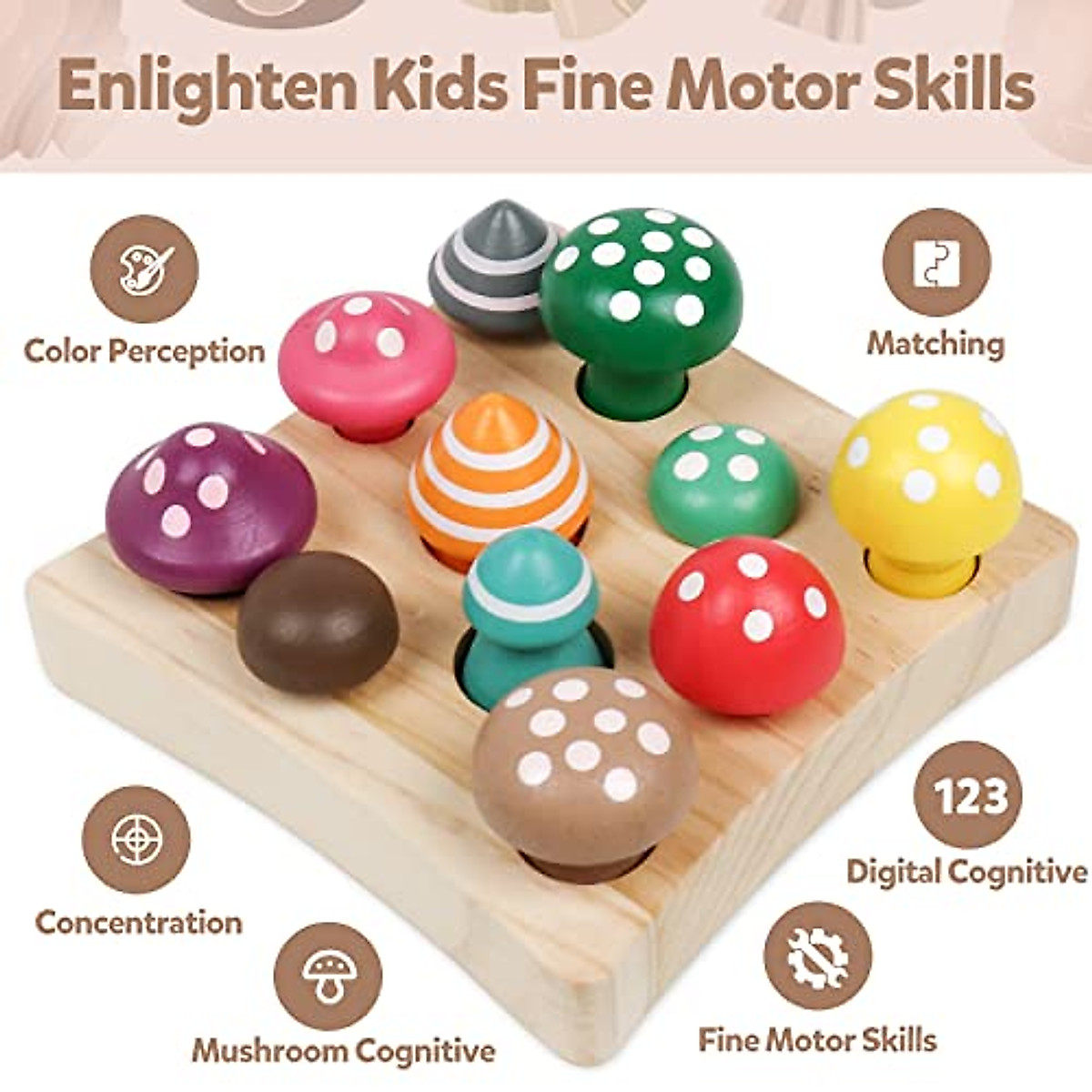 NAODONGLI Wooden Montessori Toys for Toddler,Educational Toys for 3 Year Old,STEM Toys Mushroom Harvest Game,Learing Shape Sorting & Number Matching,First Birthday Gifts for Kids Boys Girls
