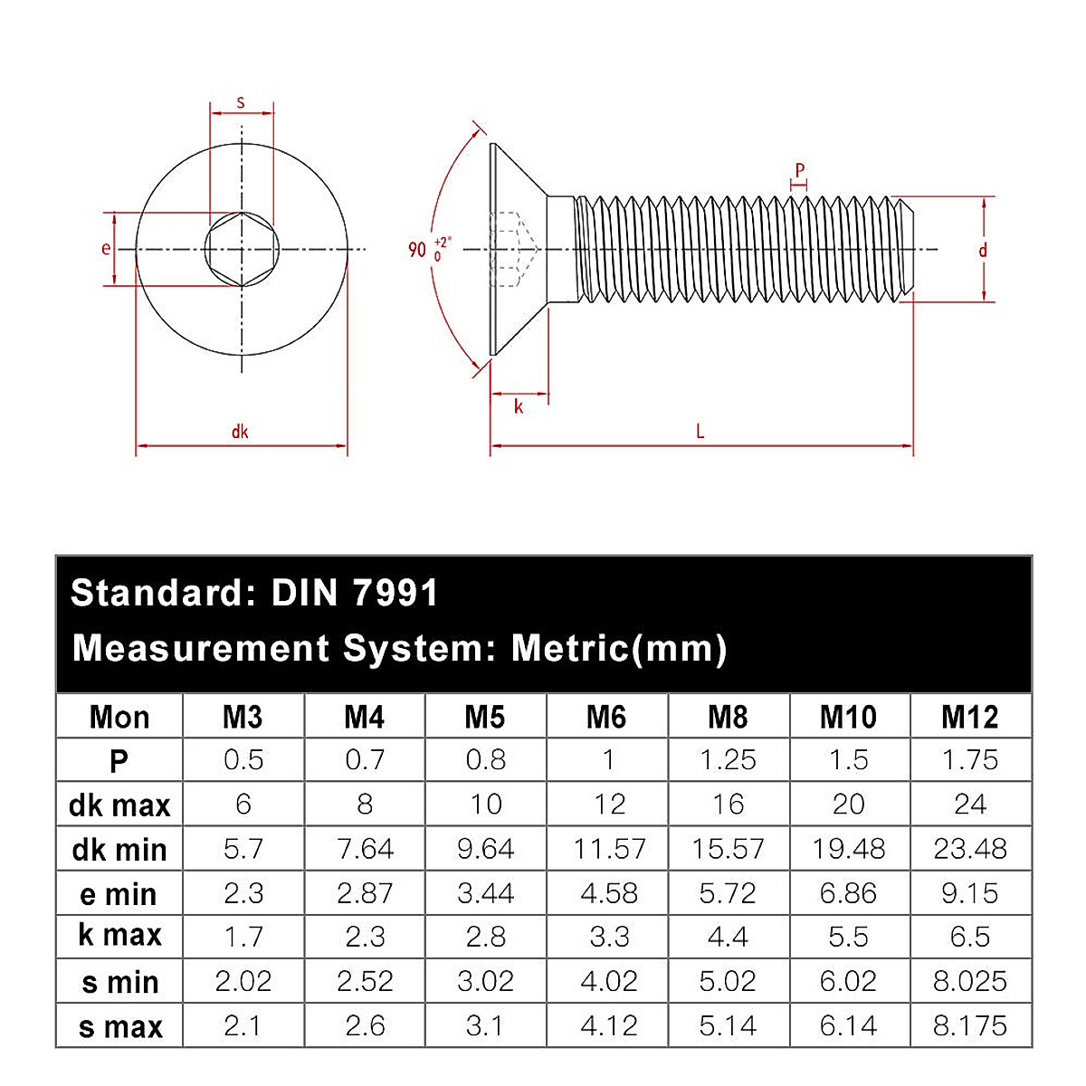 M5-0.8 x 12mm Flat Head Socket Cap Screws, Countersunk Head, DIN7991, Stainless Steel 304 (18-8), Allen Hex Drive, 50 PCS