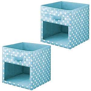 mDesign Fabric Nursery/Playroom Closet Storage Organizer Bin Box, Front Handle/Window for Cube Furniture Shelving Unit, Hold Toys, Clothes, Diapers, Bibs, 2 Pack, Turquoise Blue/White Polka Dot