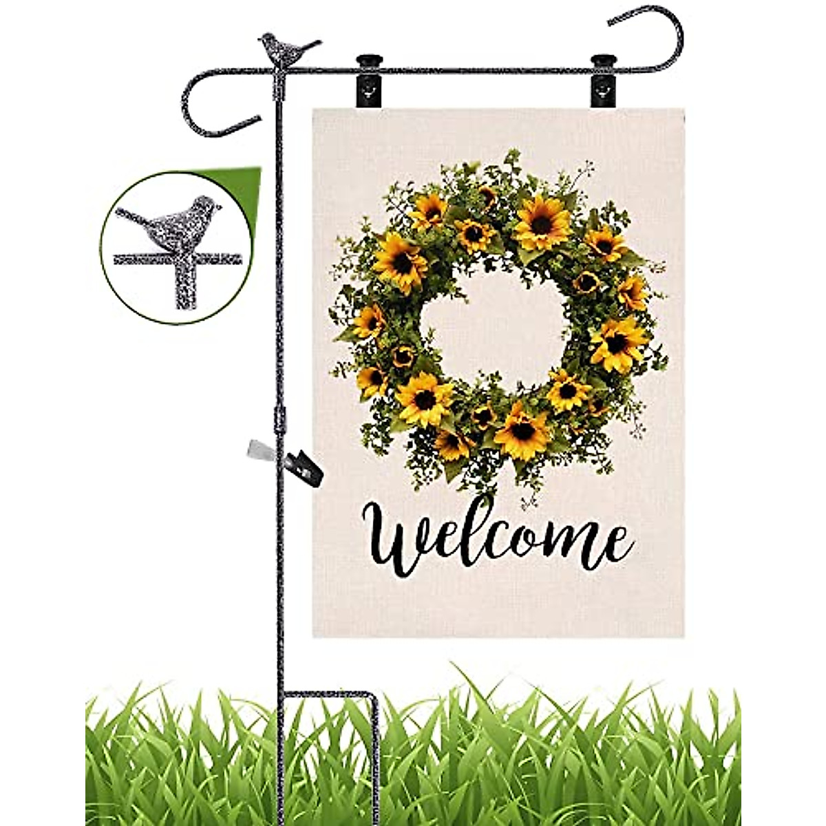 WEVONIGU Update Wrought Iron Yard Garden Flag Pole, Premium Garden Flag Pole Holder Metal Powder-Coated Weather-Proof Paint with one Tiger Clip and Two Spring Stoppers Without Flag (Black)