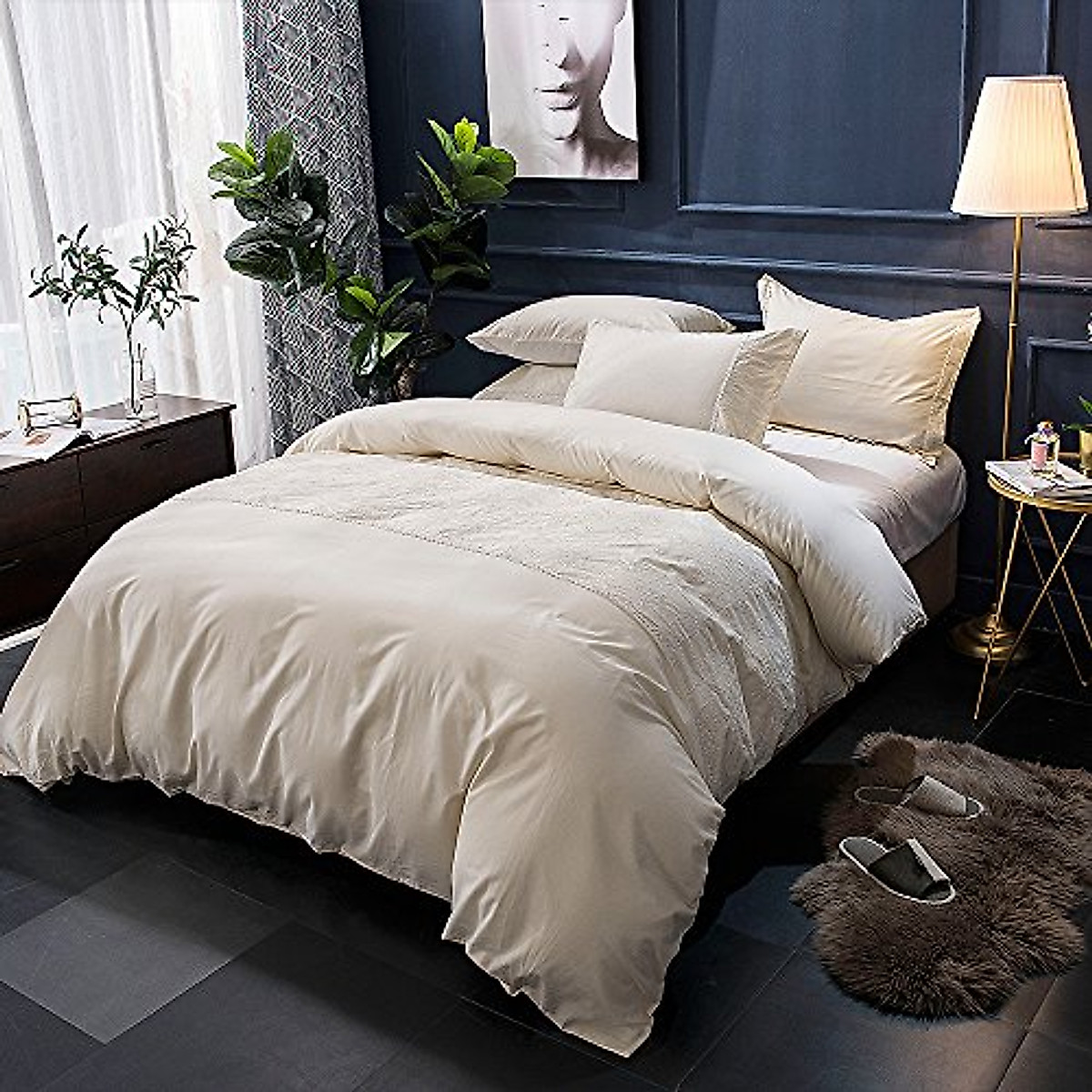 Merryfeel Cotton Duvet Cover Set,100% Cotton Embroidery with lace Duvet Cover Set- Cream- Full/Queen