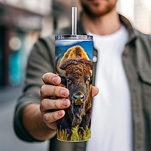 Bison Buffalo Skinny Tumbler 20oz with Straw Insulated Water Bottle Gift