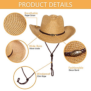 Western Cowboy Hat with String for Women Men Foldable Summer Sun Protection Straw Beach Hats with Wide Brim Khaki