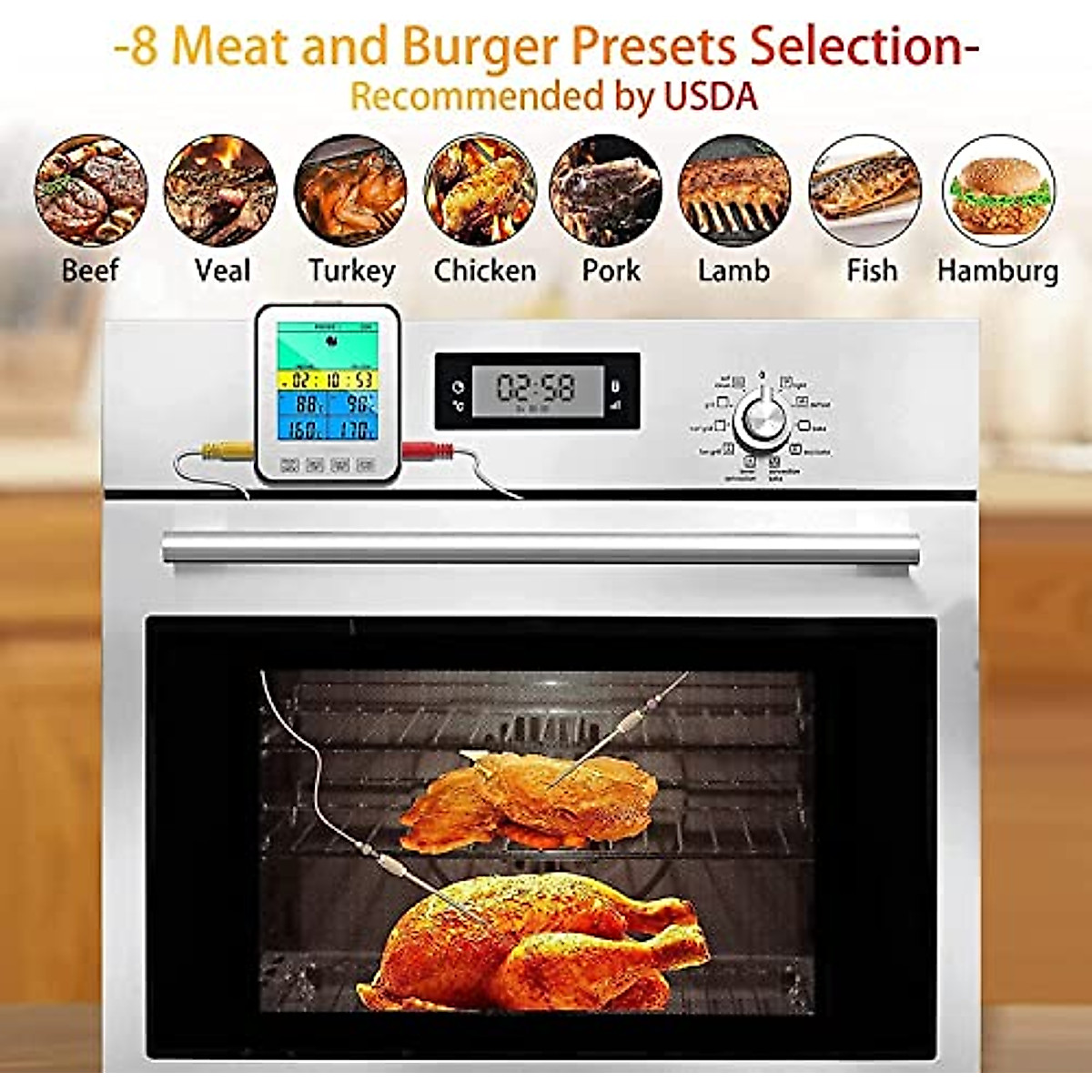Meat Thermometer, Food Digital Grill Thermometer with Dual Probe and LCD Backlight and Timer Mode, Instant Read Smart BBQ Thermometer for Cooking Turkey Fish Beef