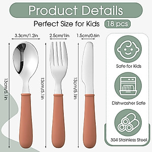 Sunnychicc 18 Pieces Toddler Utensils Kids Silverware with Silicone Handle Stainless Steel Toddler Fork Spoon Knife Set Children Flatware Set, 6 Colors
