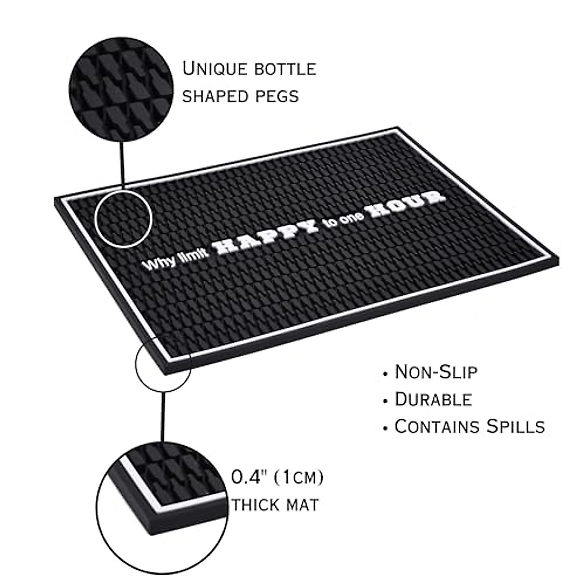 Premium Bar Mat - Non-Slip, Absorbent, and Multi-Purpose - Heavy Duty Commercial Grade Rubber - Dish Dry and Spill Mat for Kitchen or Cocktail Bar Countertops - Designed in USA - 16"x12"x0.4"-Black