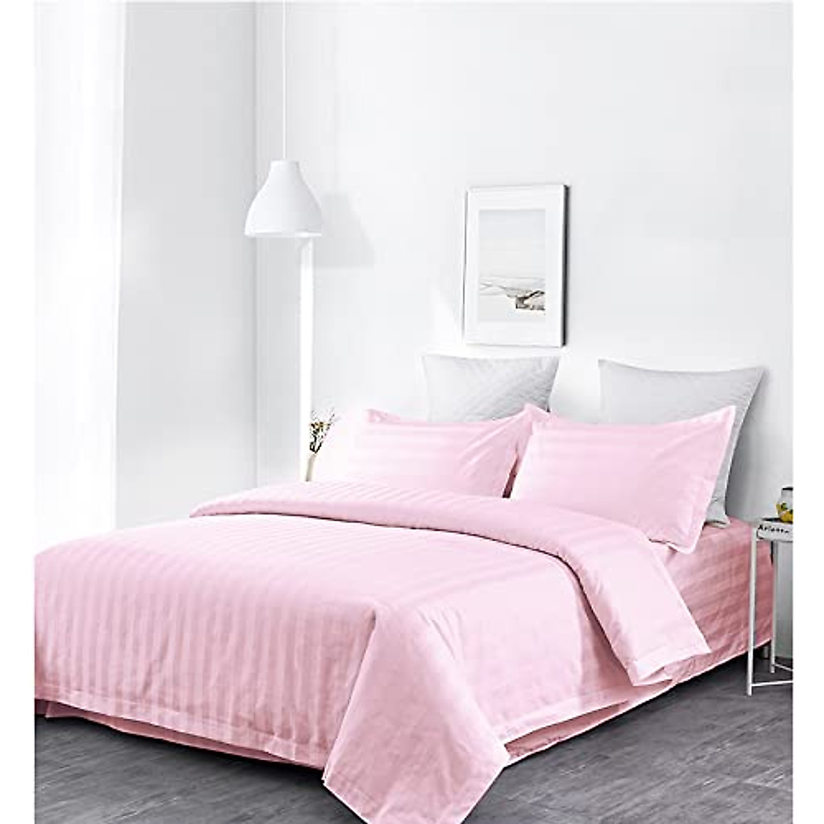 Lasin Bedding, Luxury Super Soft 100% Cotton Duvet Cover Pillowcases Fitted Sheet Set, Stripe, Queen, Pink