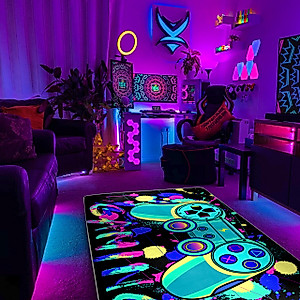 SEBKQ Blacklight Gaming Area Rug, UV Reactive 3D Game Controller Rug, Large Non-Slip Carpet for Boy and Girl Game Room Decor, 70in×47in×0.39in