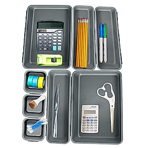 HOME-X Connecting Organizer Trays, Set of Interlocking Adjustable Trays for Organizing Office Supplies and Kitchen Utensil Drawers, Set of 8, 3 Sizes, Gray