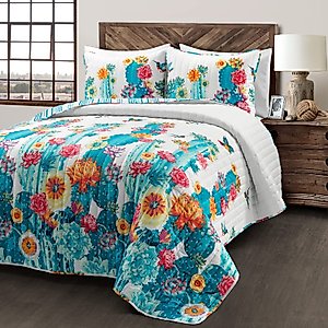 Lush Decor Southwest Vibrant Cactus Reversible Oversized 3 Piece Quilt Set, Full/Queen, Turquoise & Orange