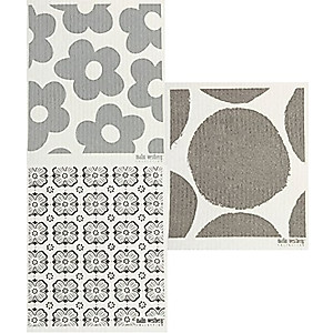 Trendy Tripper Swedish Dishcloths/Sponge Cloths - Packs of 3 Different Designs in Grey (3 Grey: Flowers + Bubble)