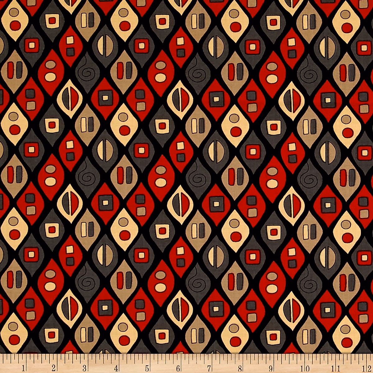 Quilting Treasures "June Bee Esme Diamond Geo Black" Quilt Fabric, Gold/Red/Black