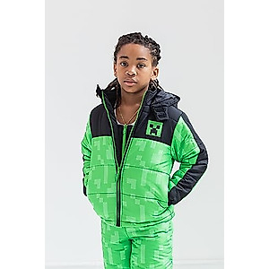 Minecraft Creeper Little Boys Zip Up Puffer Jacket and Snow Bib Ski Pants Green 7-8
