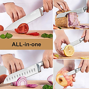 14 Pcs German Stainless Steel Kitchen Knife Set with In-Drawer Bamboo Knife Block - 7 Chef Knives,6 Serrated Steak Knives, Knife Sharpener, Ultra Sharp Chef Knife Set with Full-Tang Design