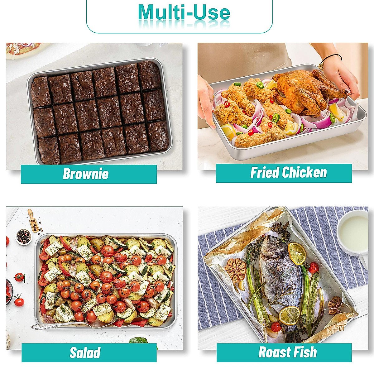 TeamFar Lasagna Pan, 12⅖’’ x 9¾’’ x 2’’ Stainless Steel Rectangular Cake Brownie Baking Pan with Lid, Non-Toxic & Heavy Duty, Brush Surface & Deep Side, Dishwasher Safe-2 Pans+2 Lids